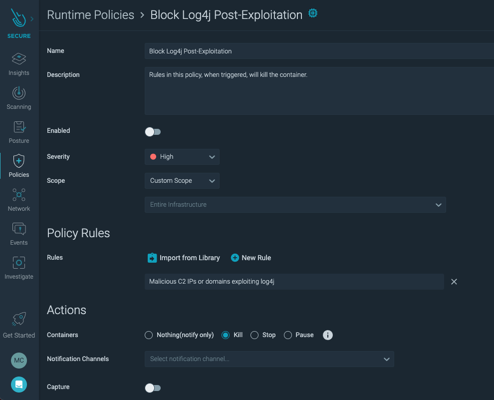 レスポンスアクションによるlog4jのブロック – Sysdig